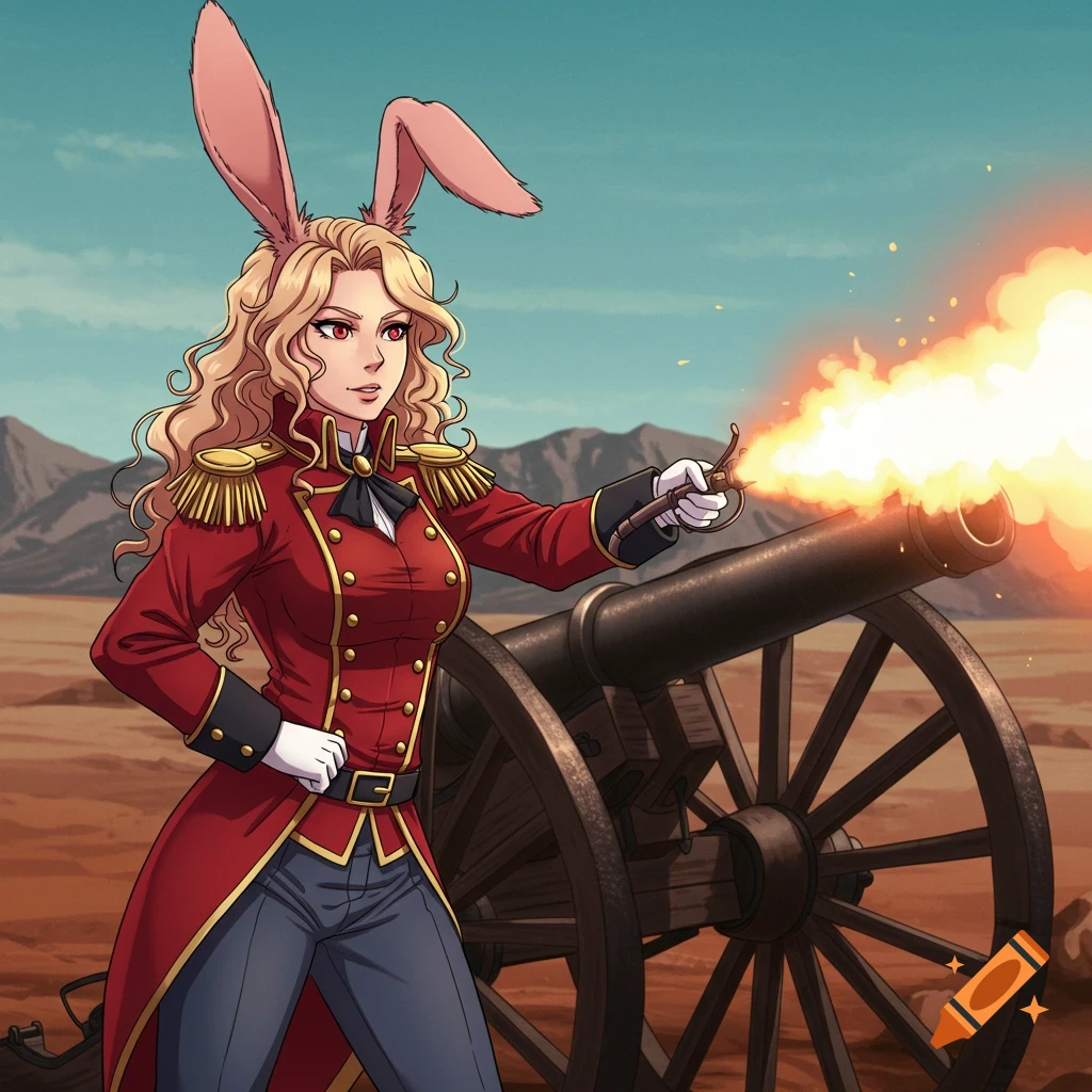 Anime woman with rabbit ears in red military uniform firing a cannon in ...