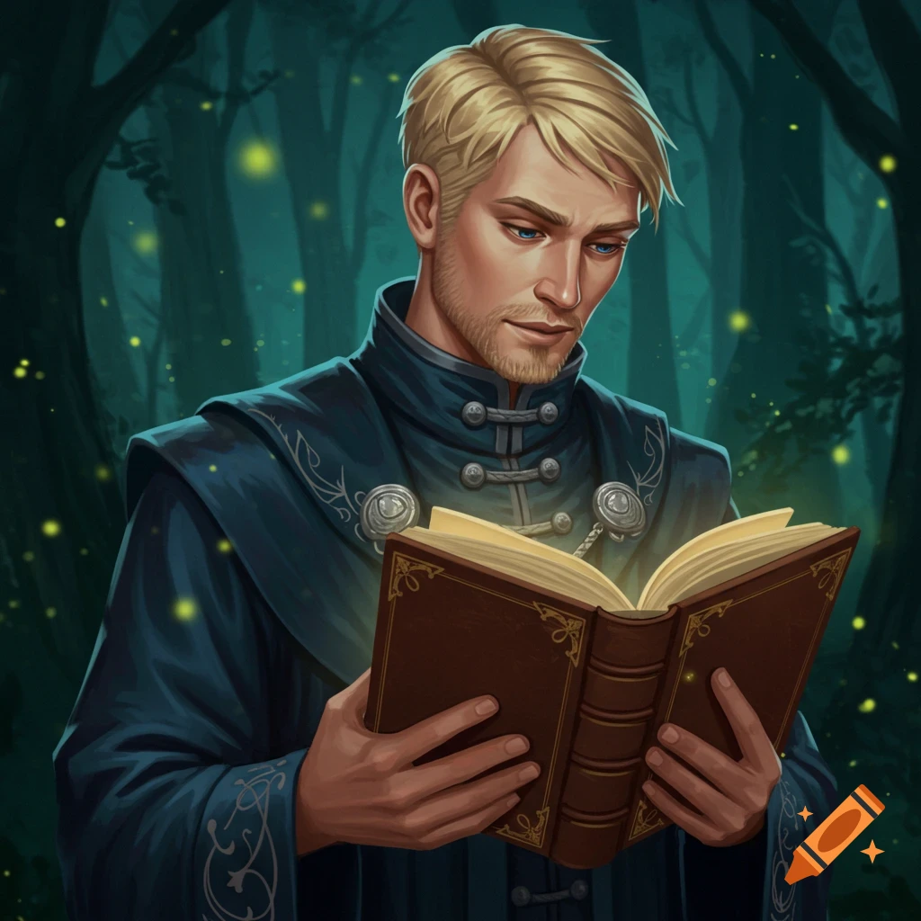 Blonde wizard with short hair and stubble reading a book in midnight ...