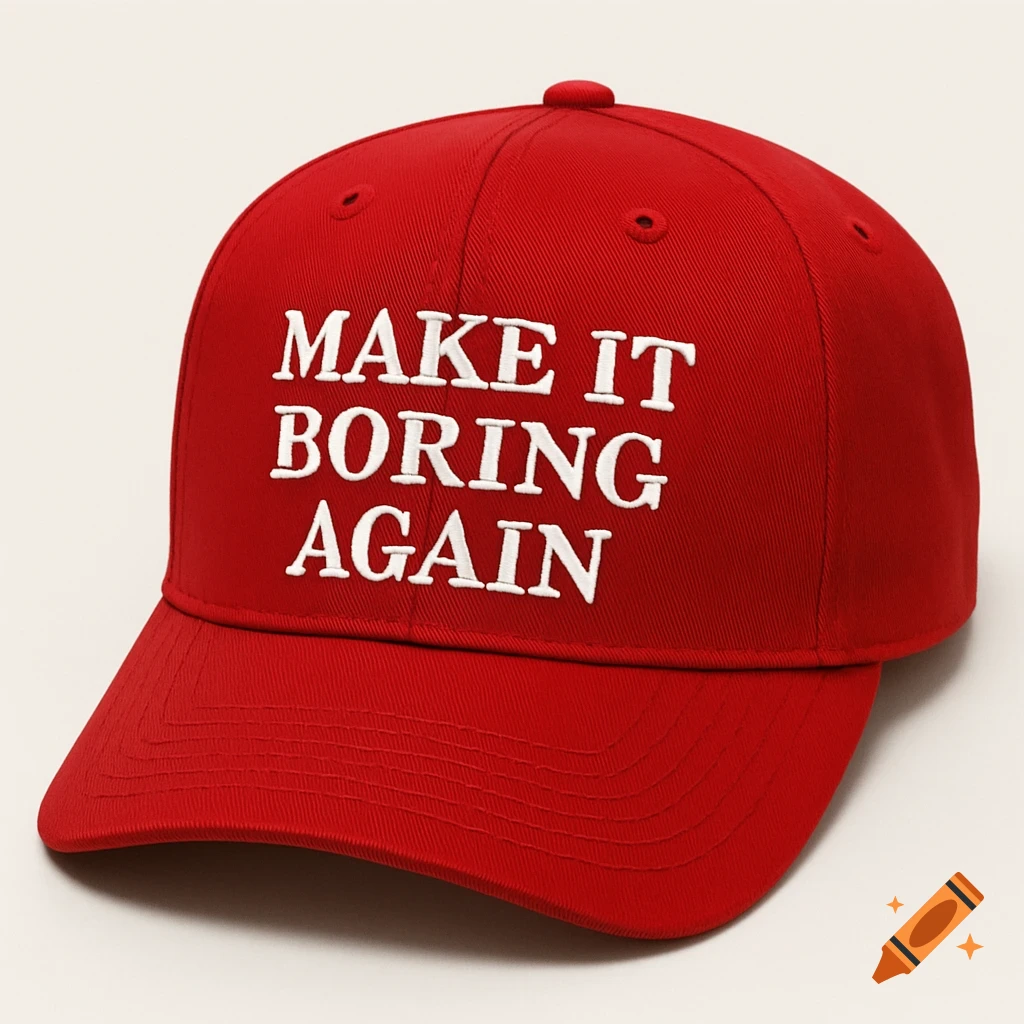 MAGA style red cap with text Make IT Boring Again (MIBA) on Craiyon