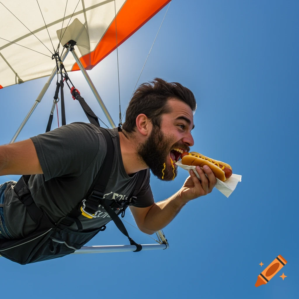 A man eats a hot dog while hang gliding against a bright blue sky. on ...
