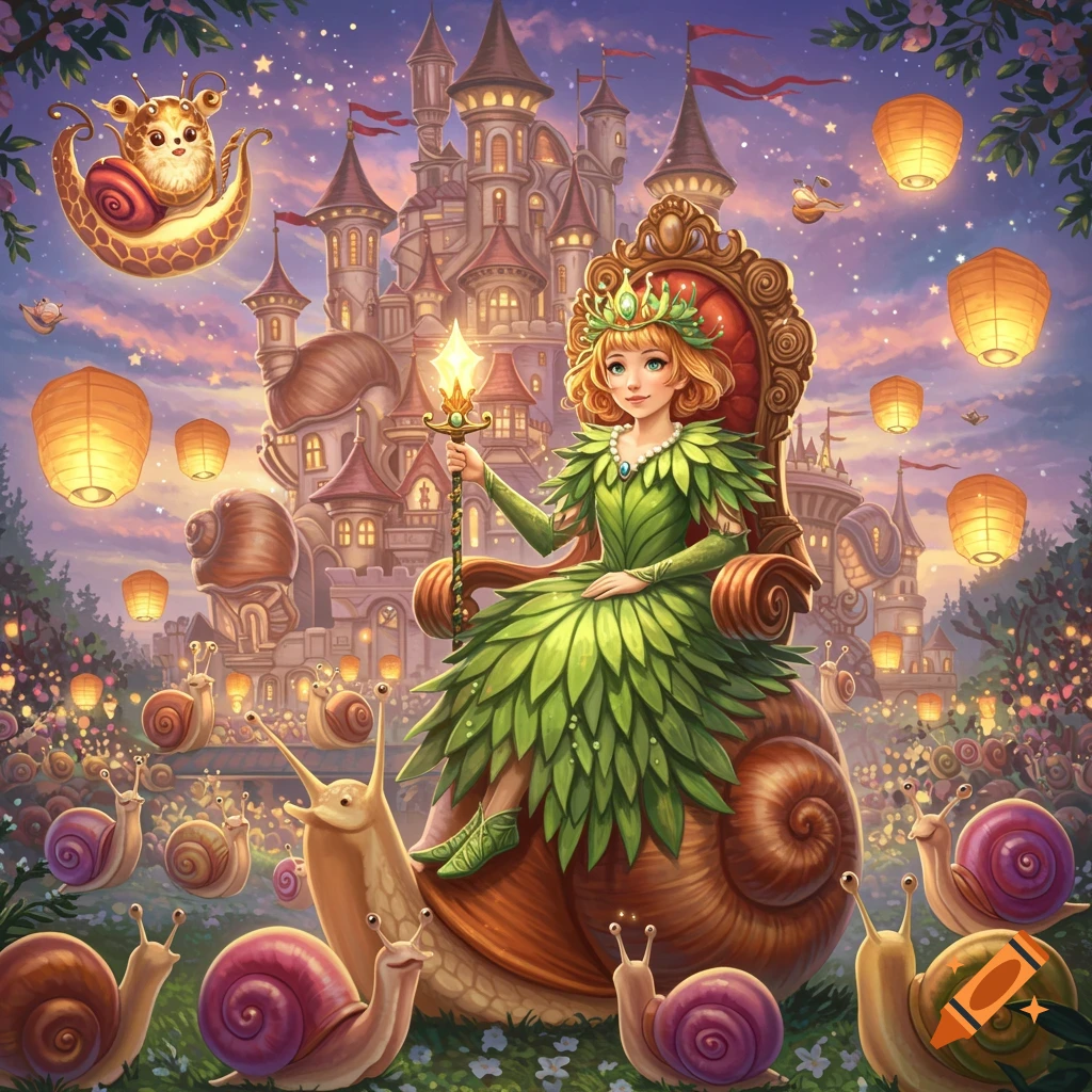 Fantasy illustration of a young girl as the Queen of Snails on a snail ...