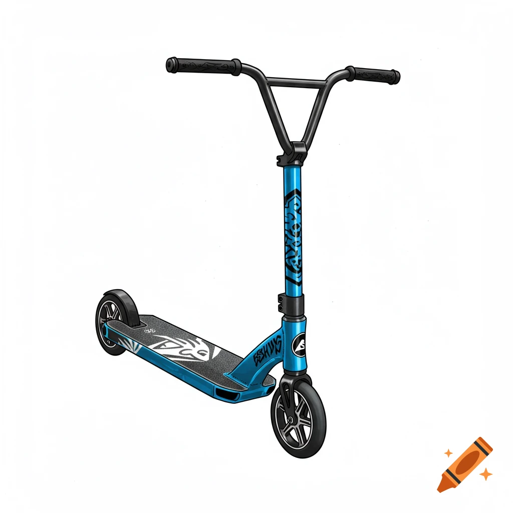 Illustration of a blue and black pro trick scooter on Craiyon
