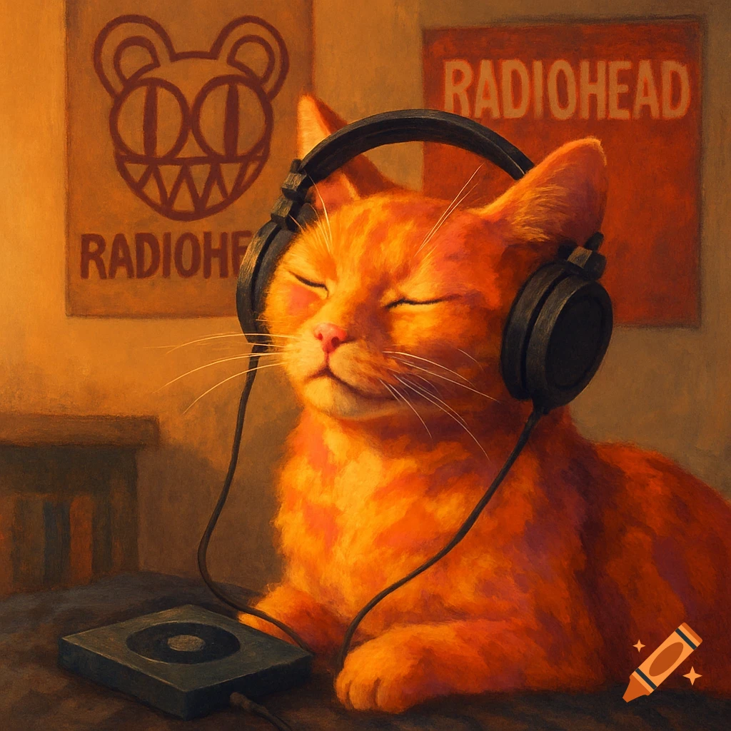 An orange cat wearing headphones, listening to music with Radiohead ...