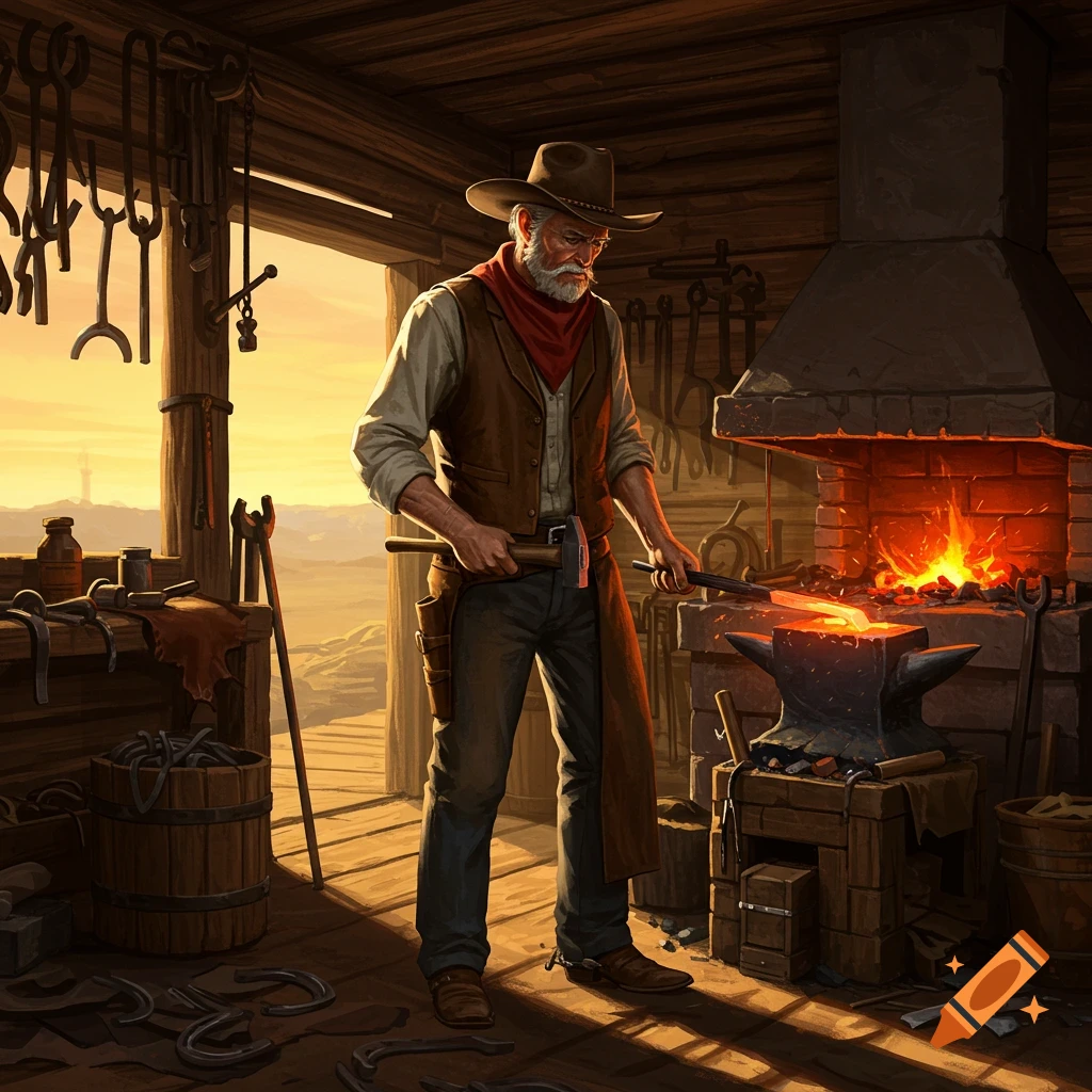 An old cowboy blacksmith working a forge in his workshop. on Craiyon