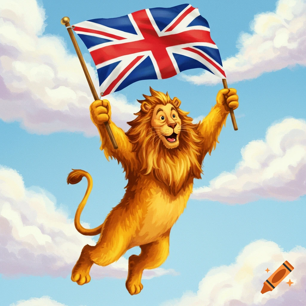 A cartoon lion flying and holding a British flag against a cloudy sky ...