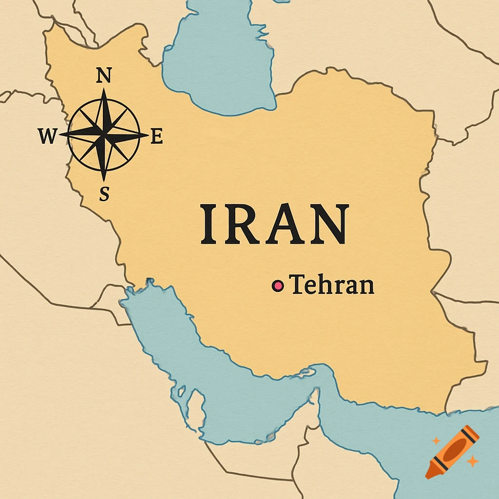 A simple map of Iran with the text "IRAN" and "Tehran" on it, and a ...