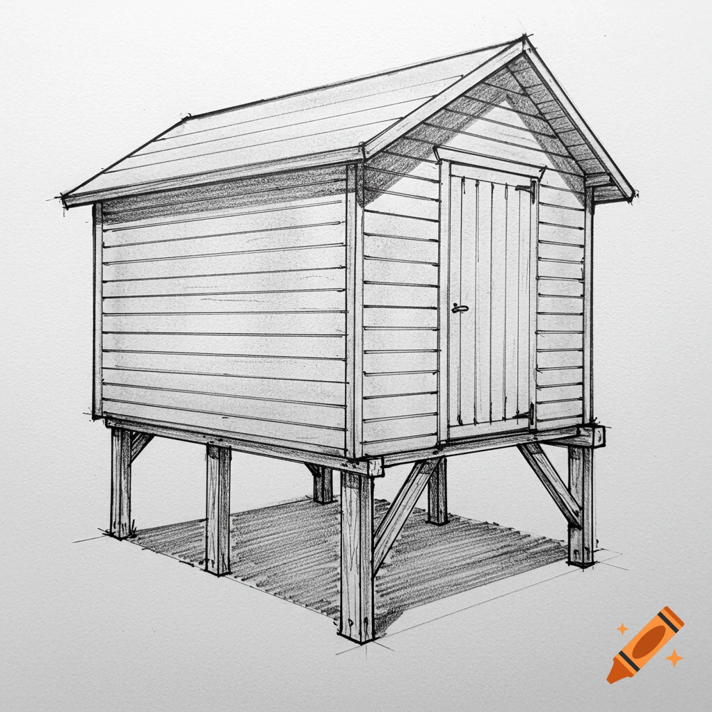 Isometric line drawing of a modern quonset hut house with a glass front ...
