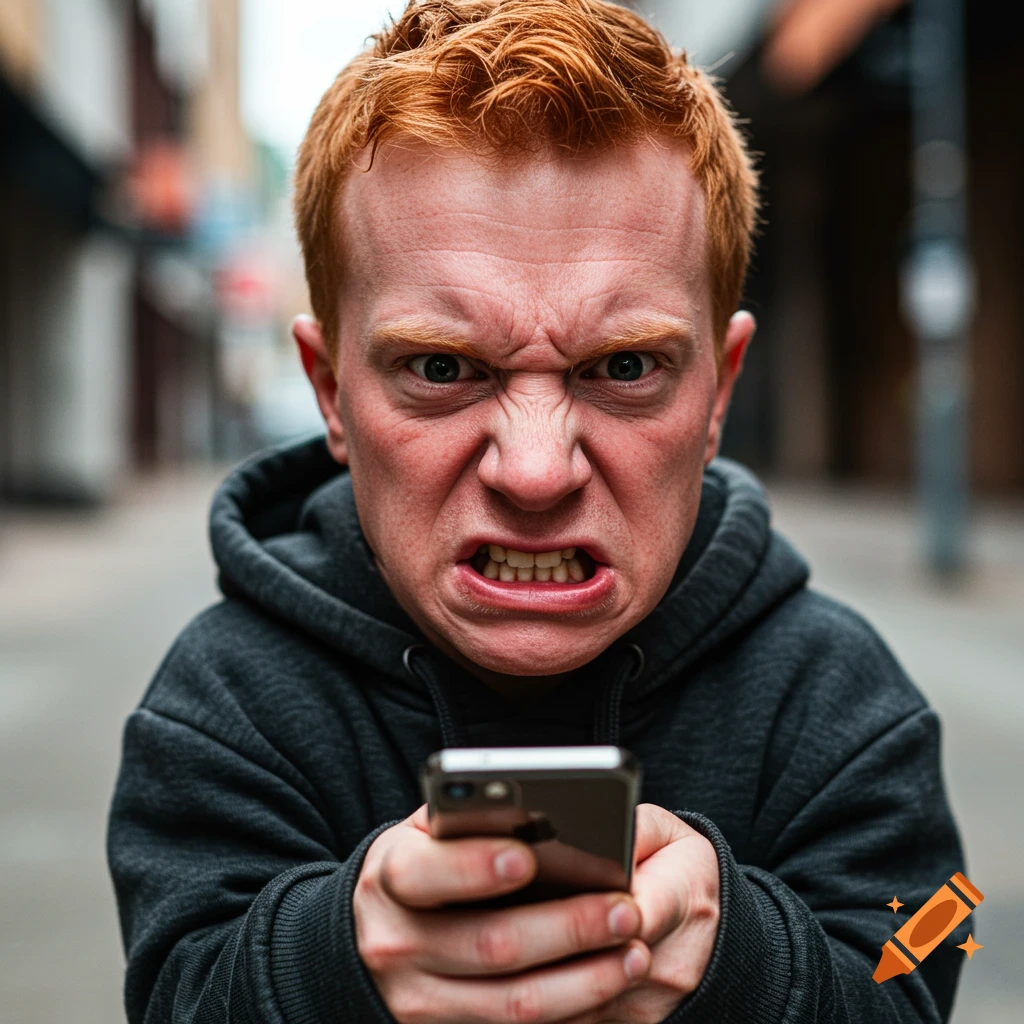 Angry man with red hair grips phone on street. on Craiyon