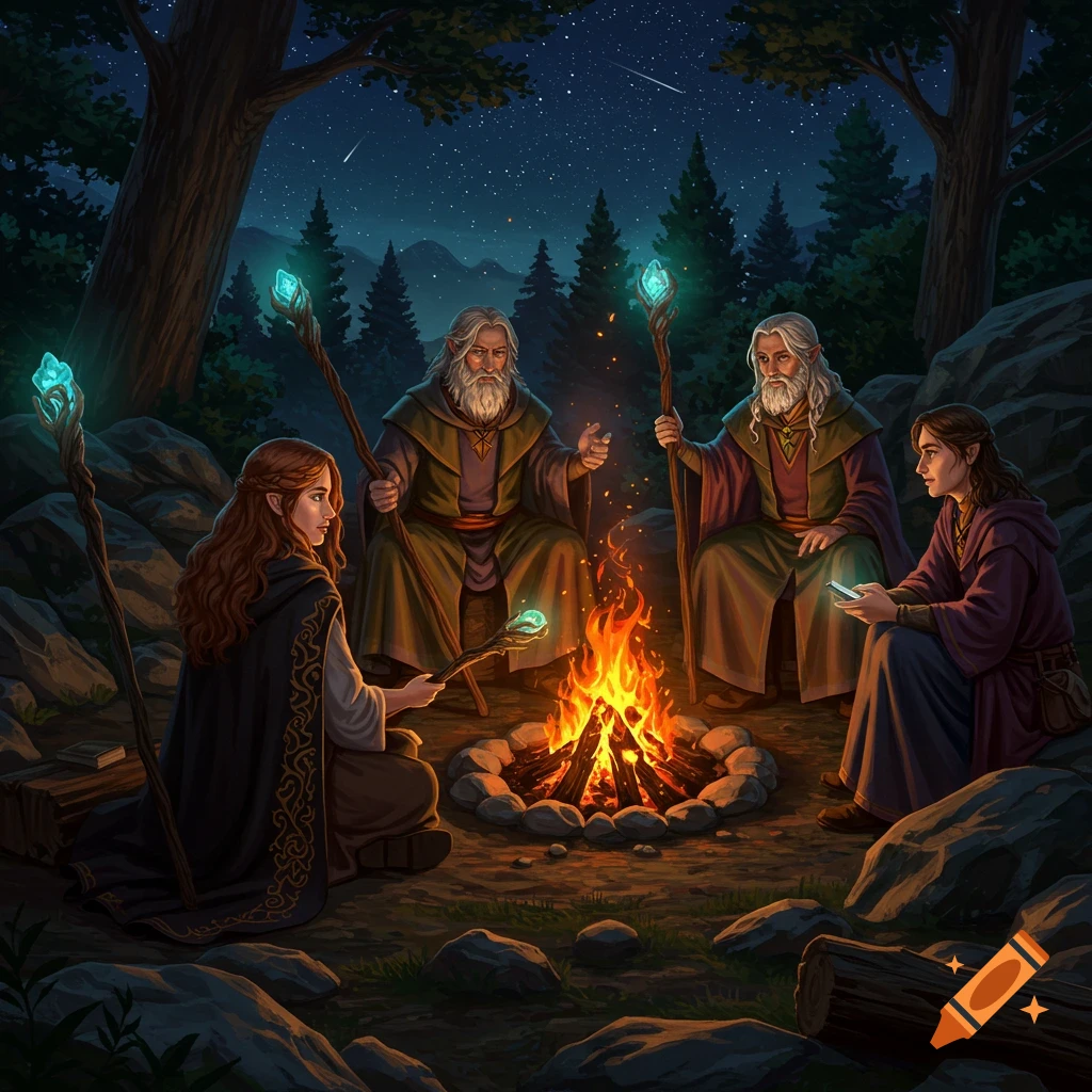 Four wizards, including a girl, around a campfire. on Craiyon
