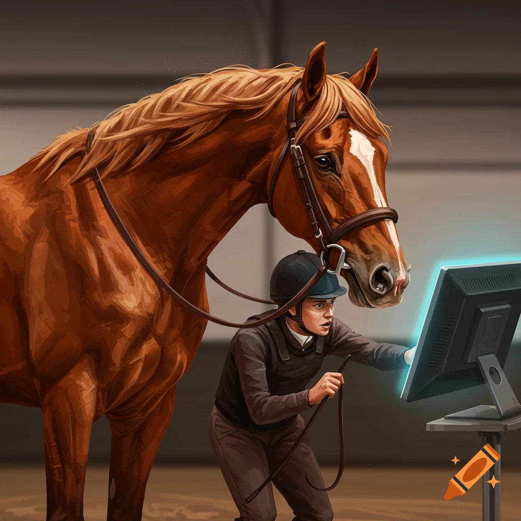 A horse and a cloaked person are looking at a computer screen. on Craiyon