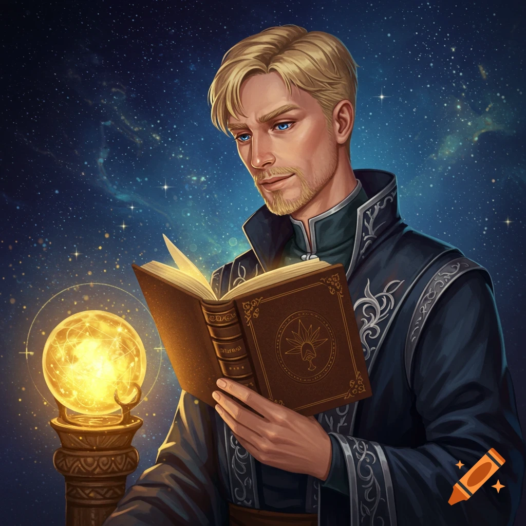 Blonde wizard with short hair and stubble reading a book in midnight ...