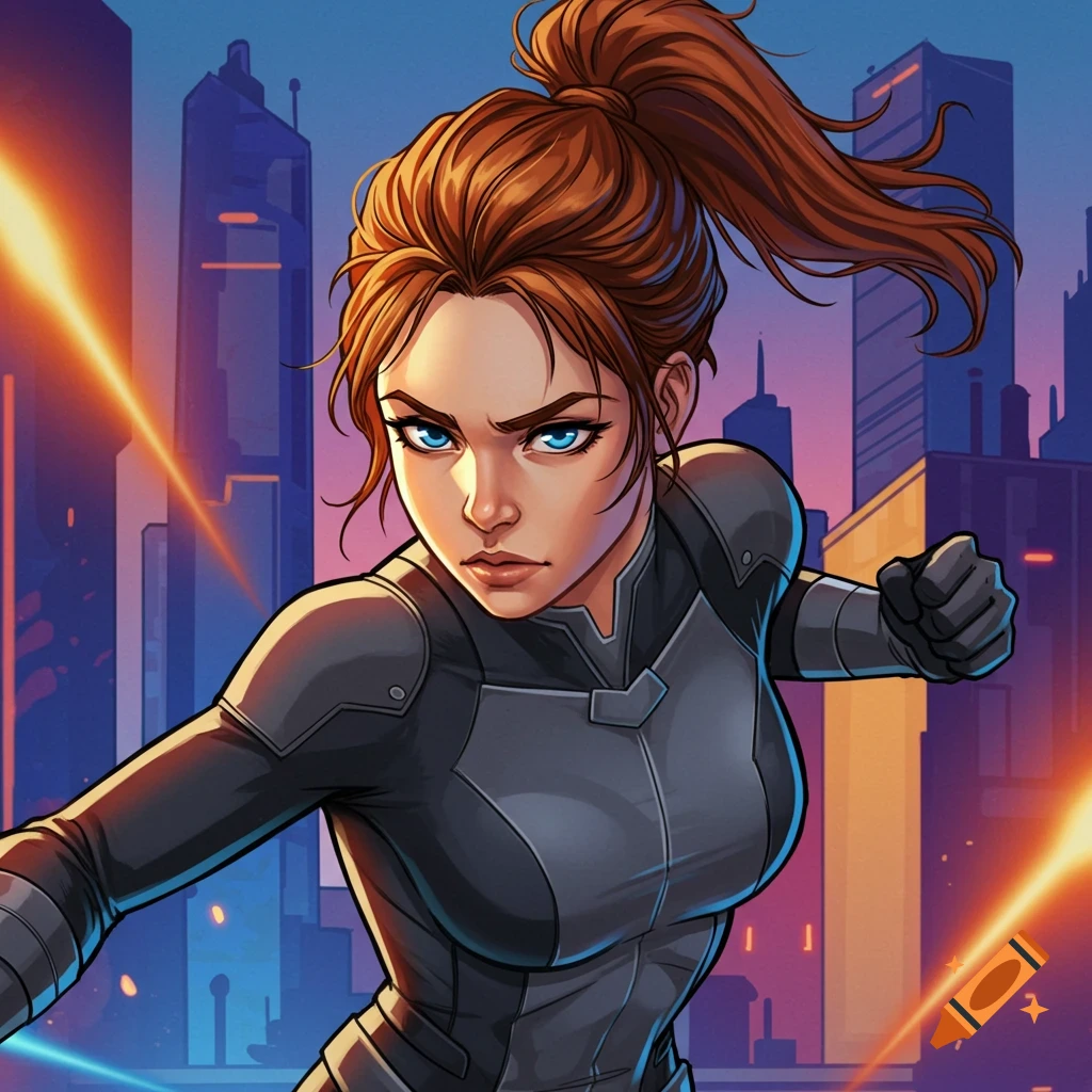A female character in a suit is depicted in a futuristic city. on Craiyon