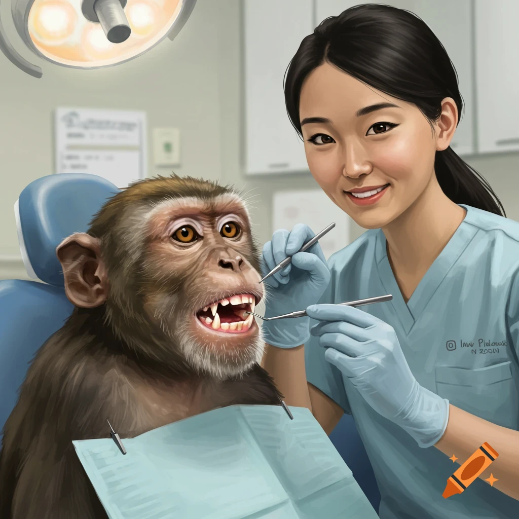 A monkey in a dentist chair having its teeth examined by a human ...