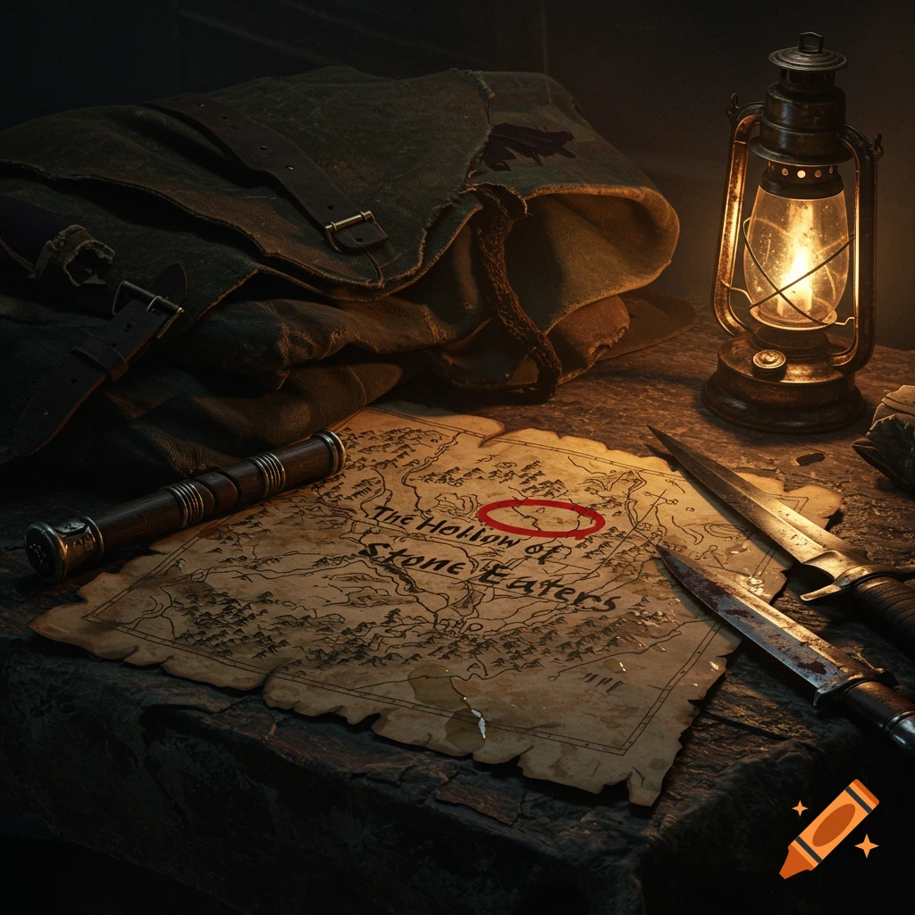 Photorealistic image of water-stained parchment map with adventuring ...