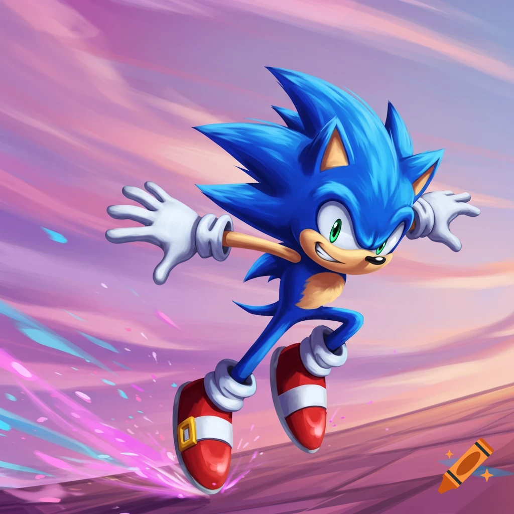 Sonic the Hedgehog running fast with a motion blur background. on Craiyon