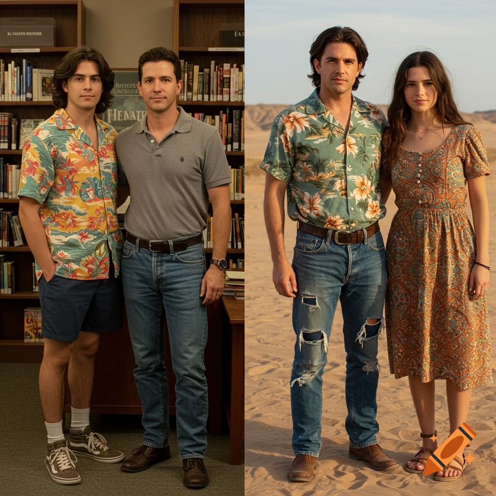 Split screen photo of three people in contrasting styles, library and ...