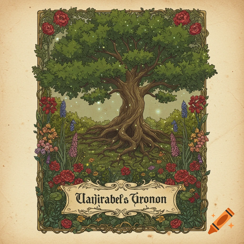 Stylized illustration of a large tree with exposed roots surrounded by ...