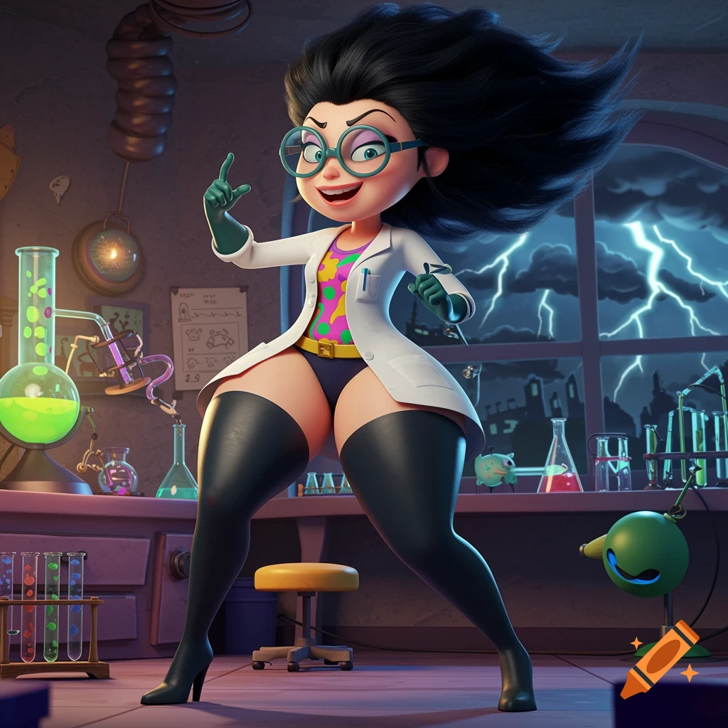 Cartoon mad scientist in a lab with lightning outside the window on Craiyon