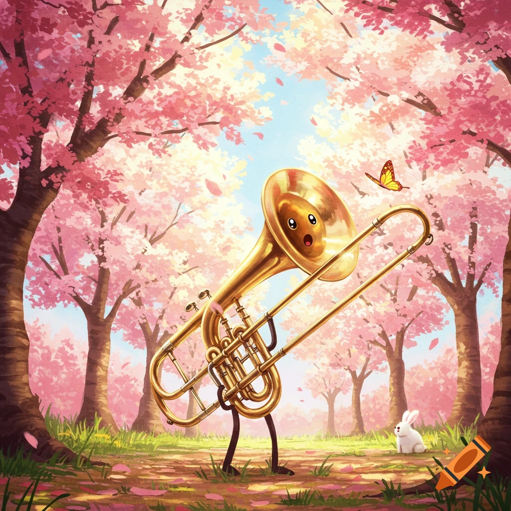 A surprised cartoon trombone character stands in a cherry blossom grove ...