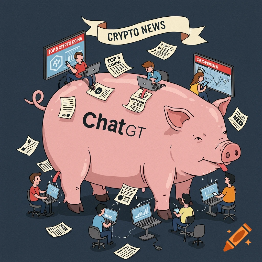 Satirical cartoon of people using AI for crypto news on Craiyon