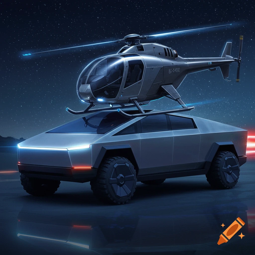 A futuristic Cyber truck with a small helicopter mounted on its roof ...