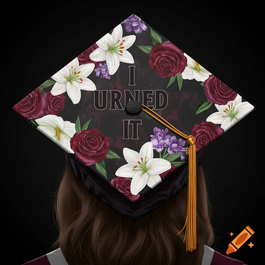 Graduation cap design with "I urned it" saying and floral elements on ...