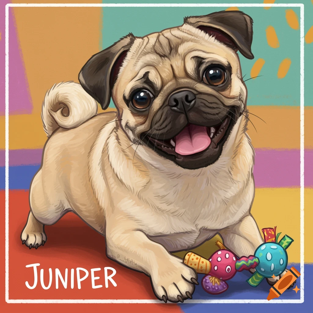Four-year old female pug named Juniper on Craiyon