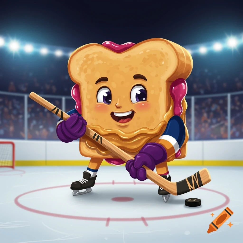 Cartoon peanut butter and jelly sandwich playing hockey on an ice rink ...