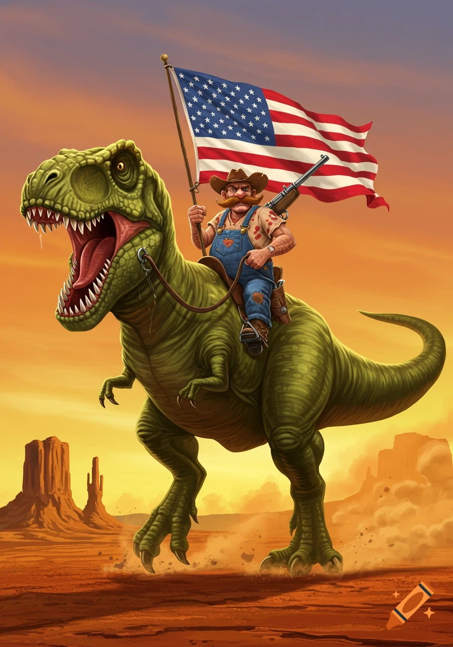 Cartoon character riding a dinosaur with an American flag and rifle in ...