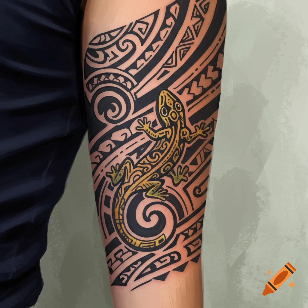 A male torso with full arm Marquesan tribal tattoos. on Craiyon