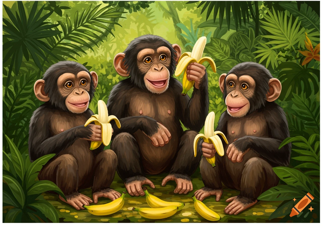 Several cartoon monkeys eating bananas and other fruit in a lush jungle setting. on Craiyon