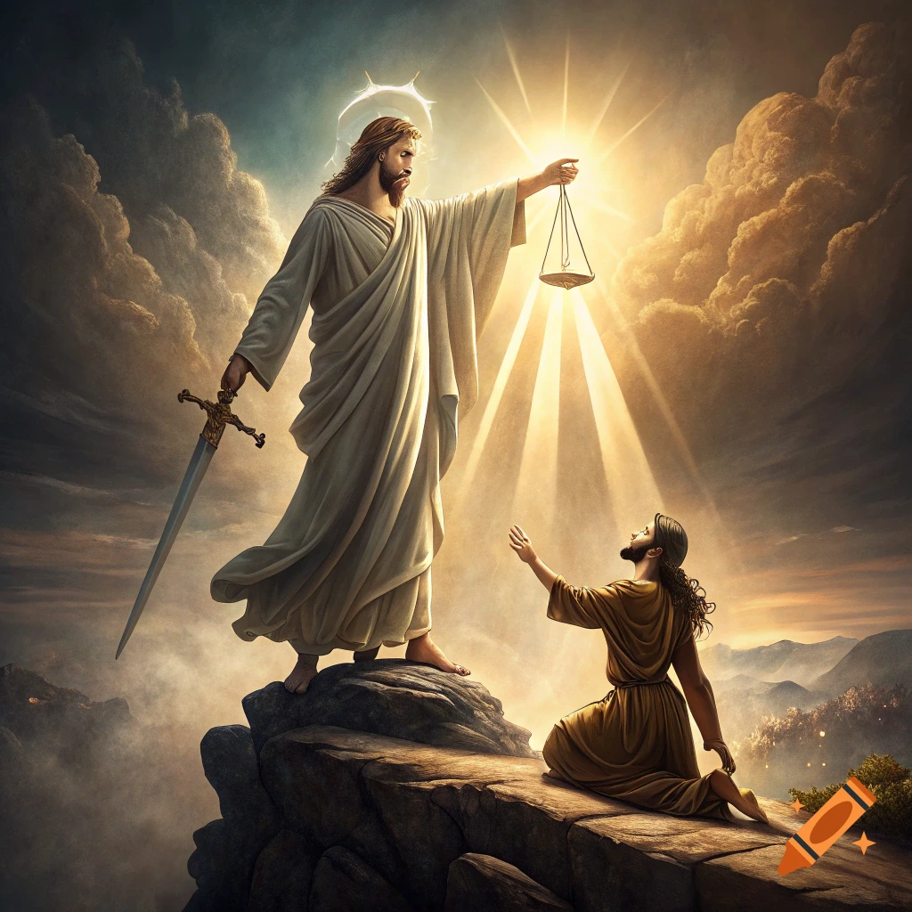Jesus Christ and Lady Justice digital painting on Craiyon