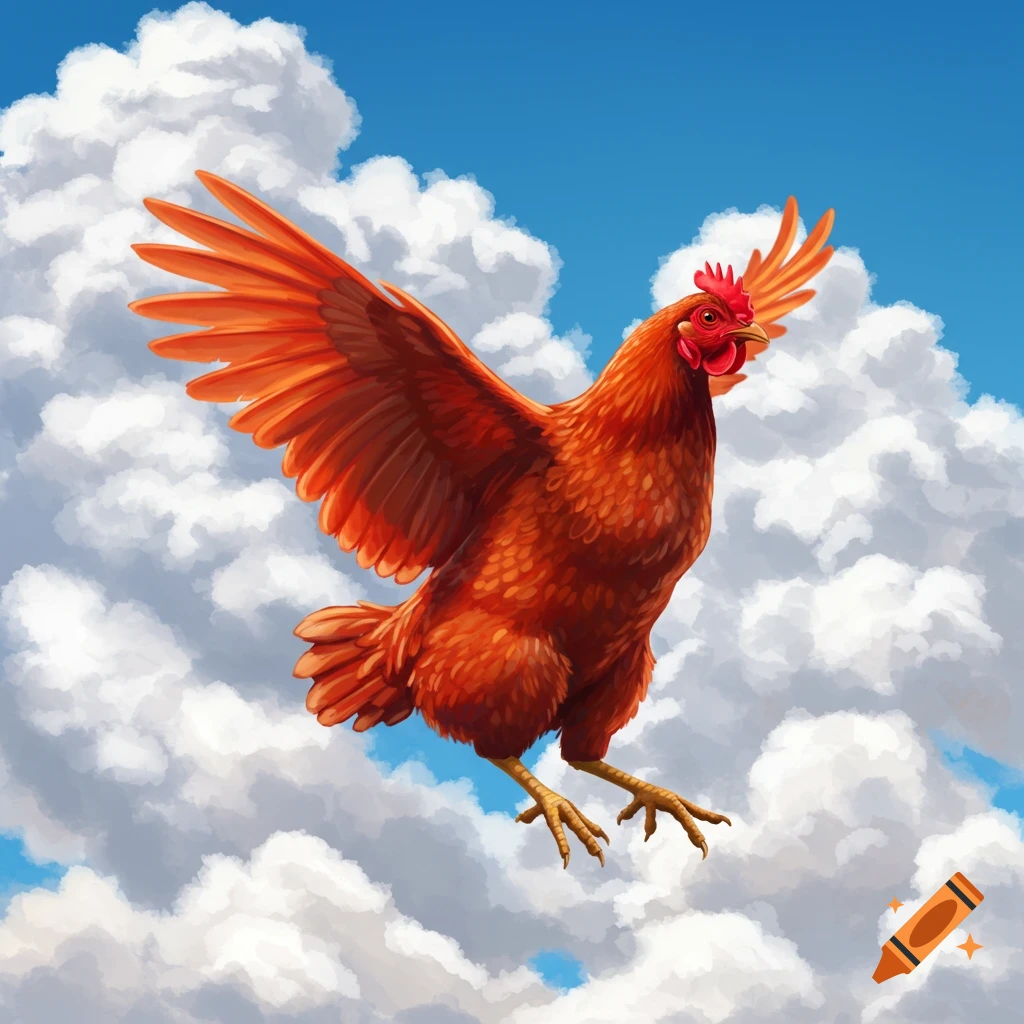 Large yellow chicken flying through a blue sky with a pigeon on its ...