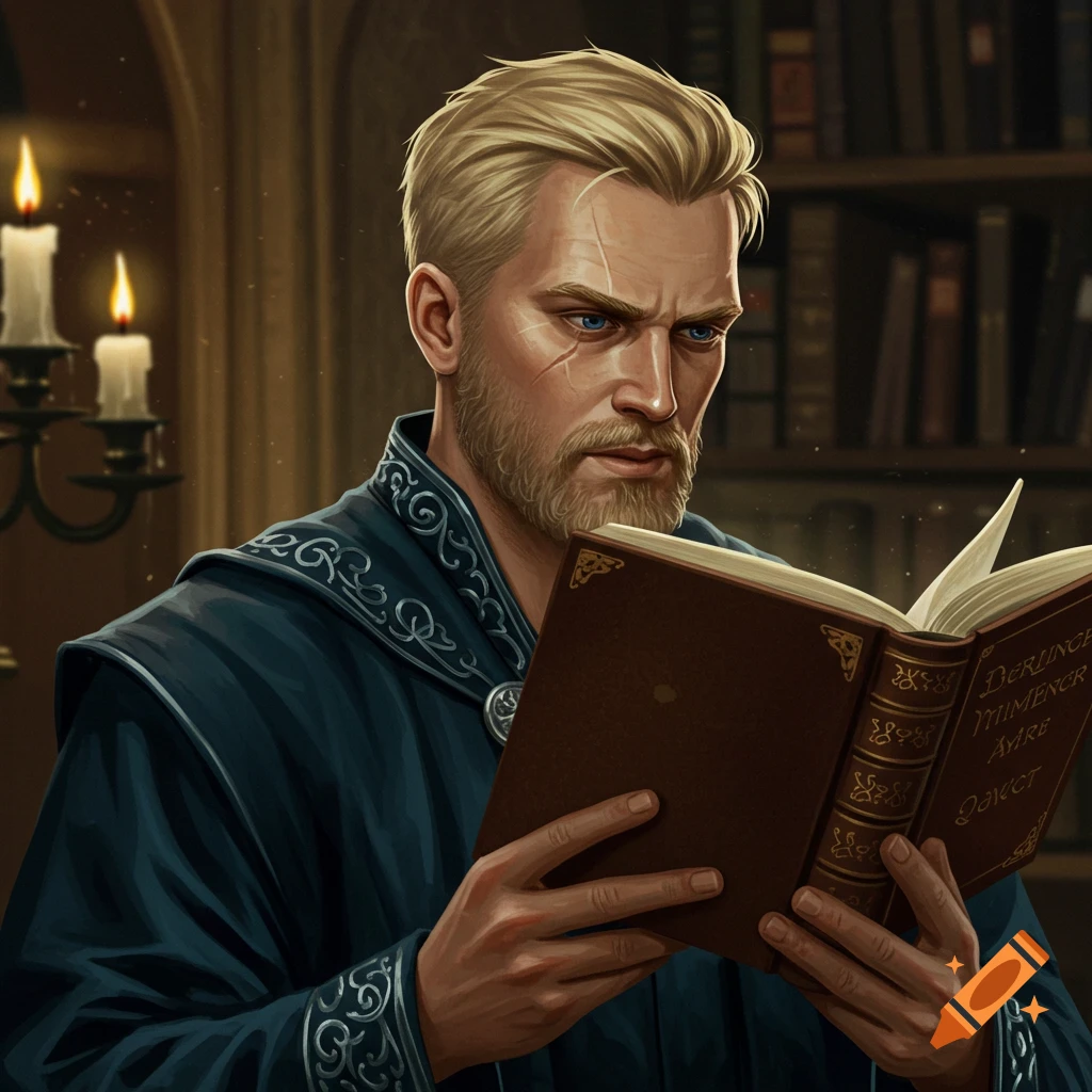 Wizard with short blonde hair and beard reading a book on Craiyon