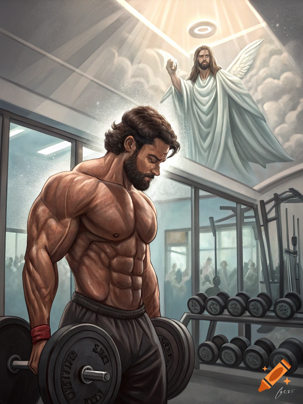 Illustrated depiction of a muscular Jesus in various bodybuilding poses ...