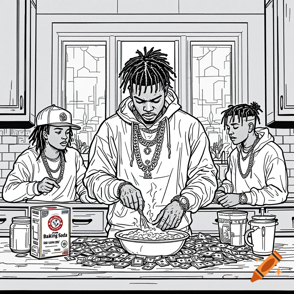 Outline drawing of Lil Baby in a kitchen with friends, money, and ...