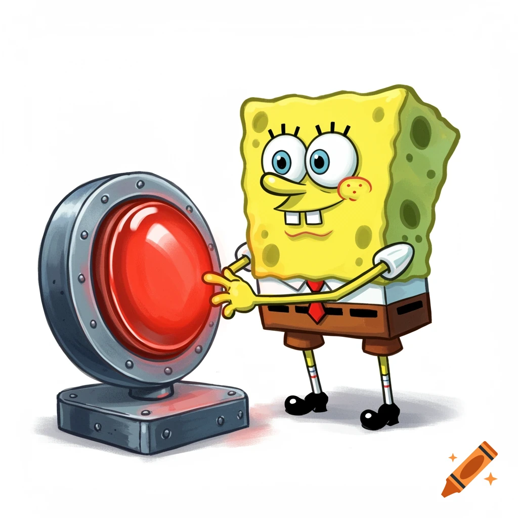 Spongebob Squarepants reaches to press a large red button in a cartoon ...