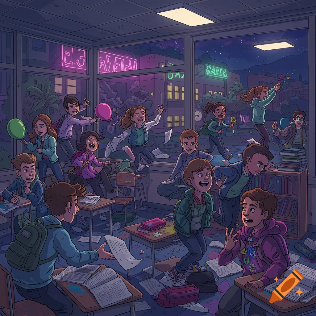Cartoon high schoolers making a mess on Craiyon