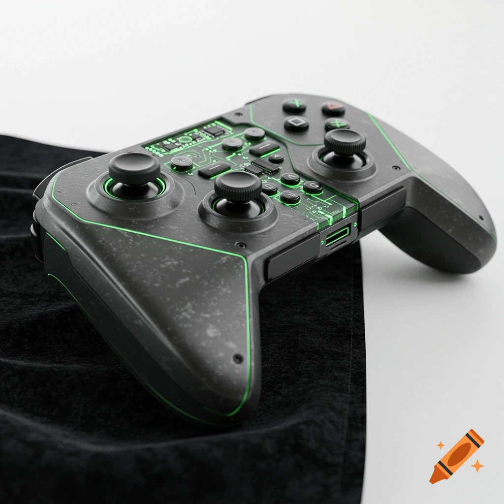 Close-up photo of a black video game controller with green accents, on ...
