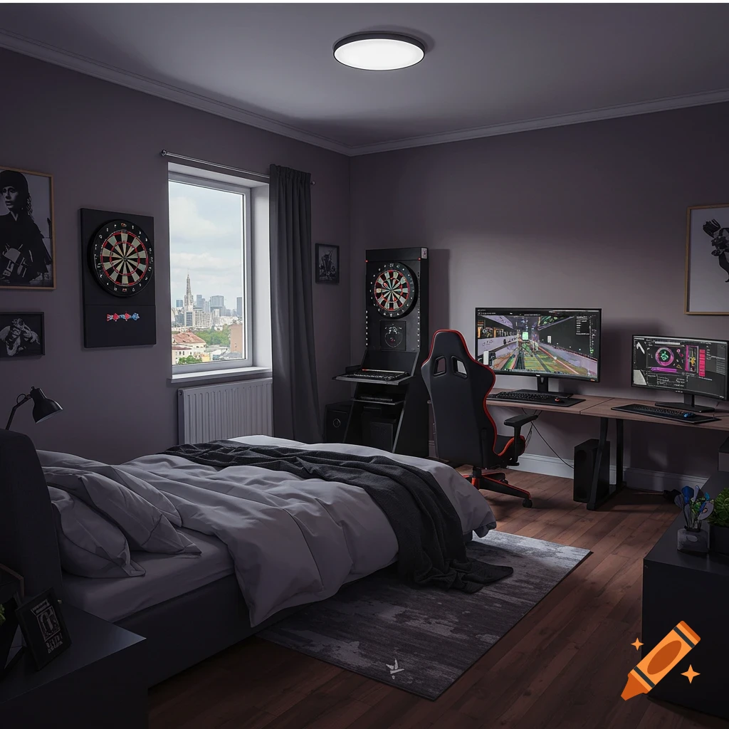 Bedroom with double bed, TV, dartboard, sim racing rig, and PC gaming ...