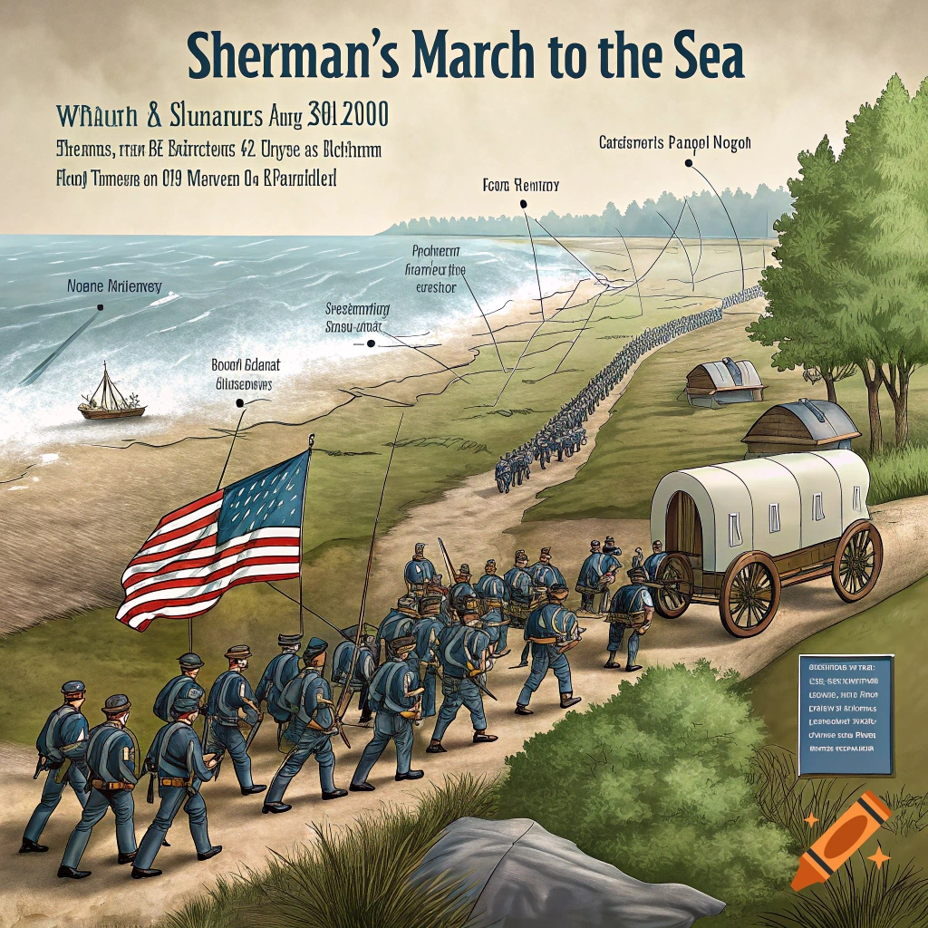 Illustration of a military march with soldiers, flag, and wagon near ...