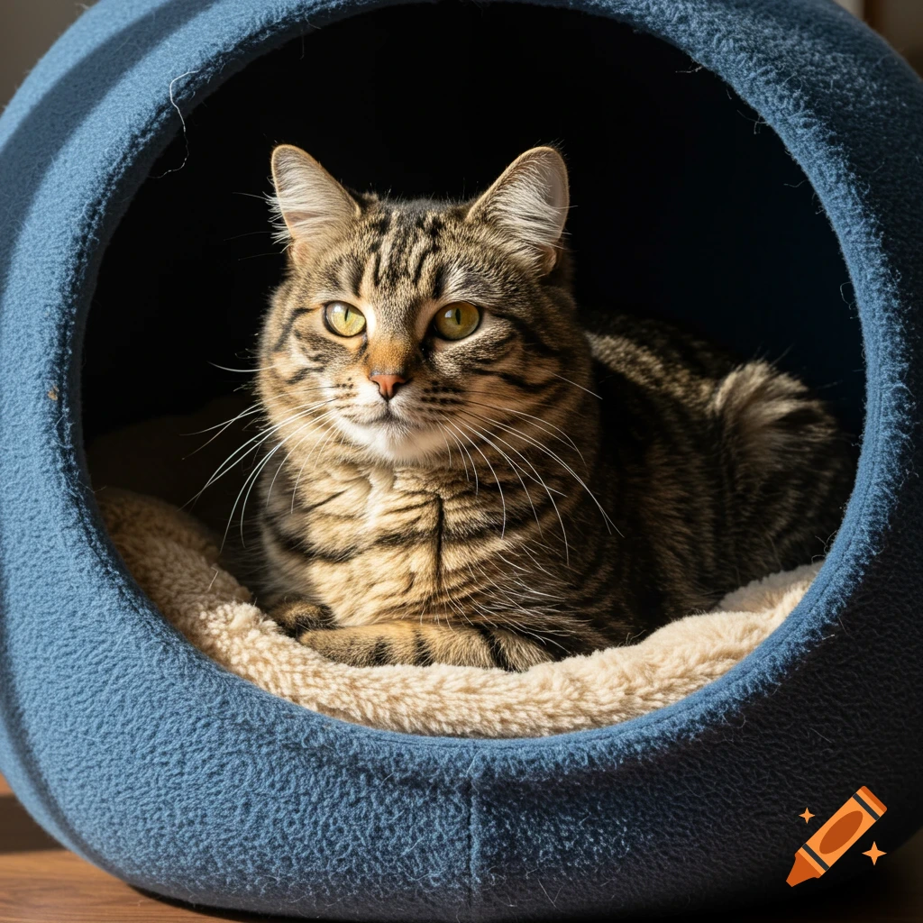 Photorealistic tabby cat in a cat bed on Craiyon