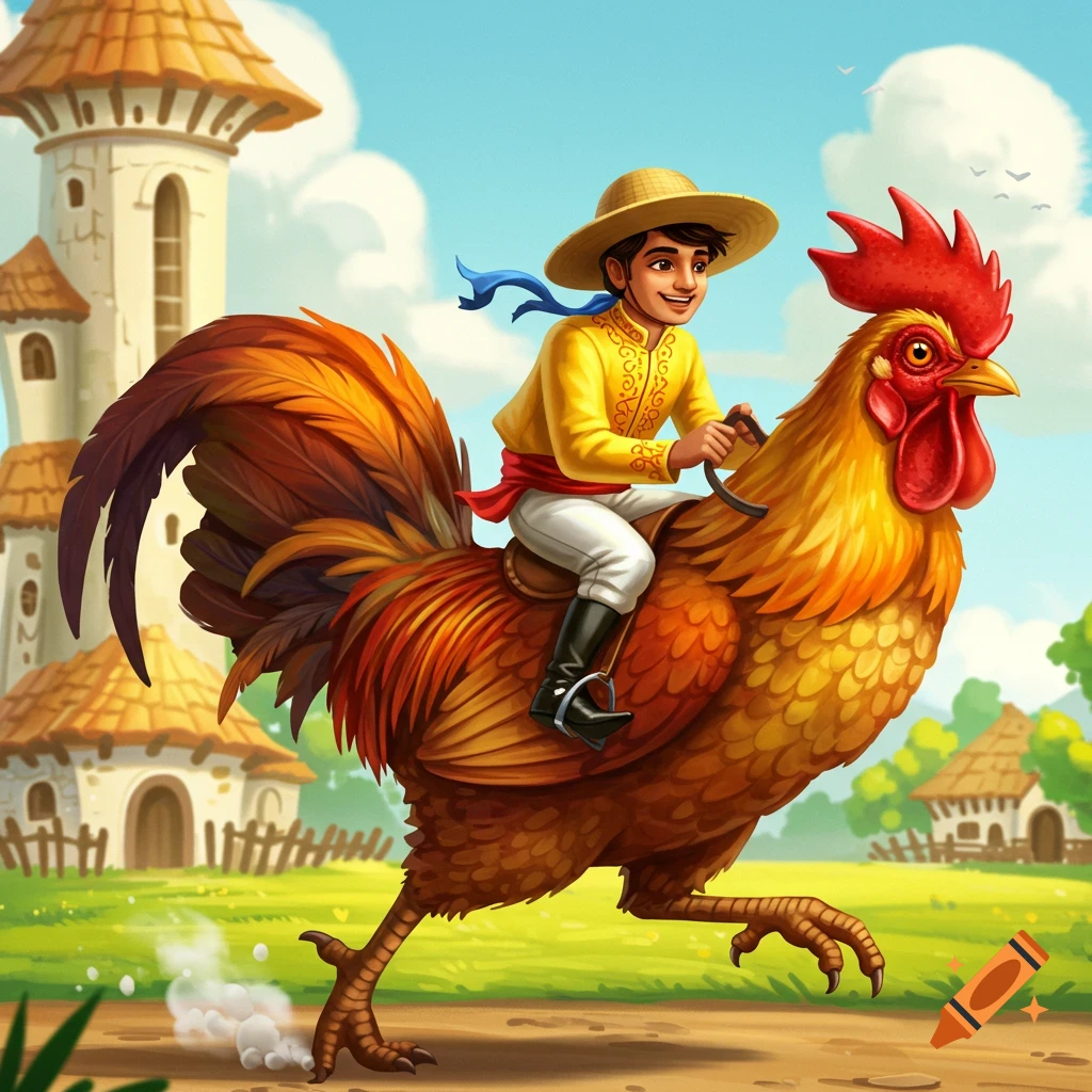 A vibrant cartoon illustration of a boy jockey riding a giant chicken ...