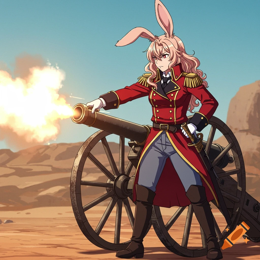 Anime woman with rabbit ears in red military uniform firing a cannon in ...