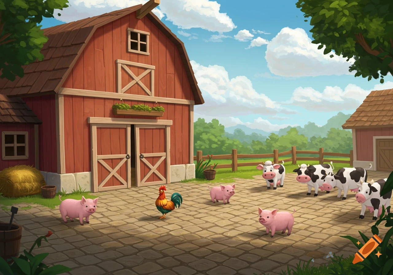 A vibrant cartoon farm scene with a red barn, farmhouse, dirt road ...