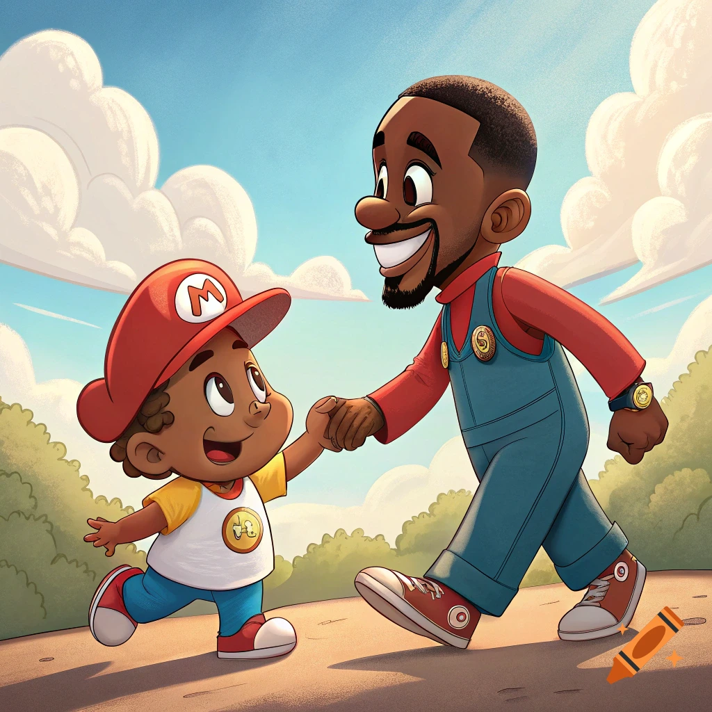 Mario and Link leap for a basketball shot on an outdoor court with city ...