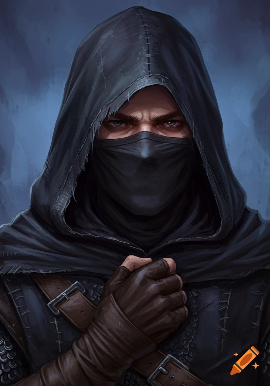 Close-up dark fantasy portrait of a hooded figure with glowing red eyes ...