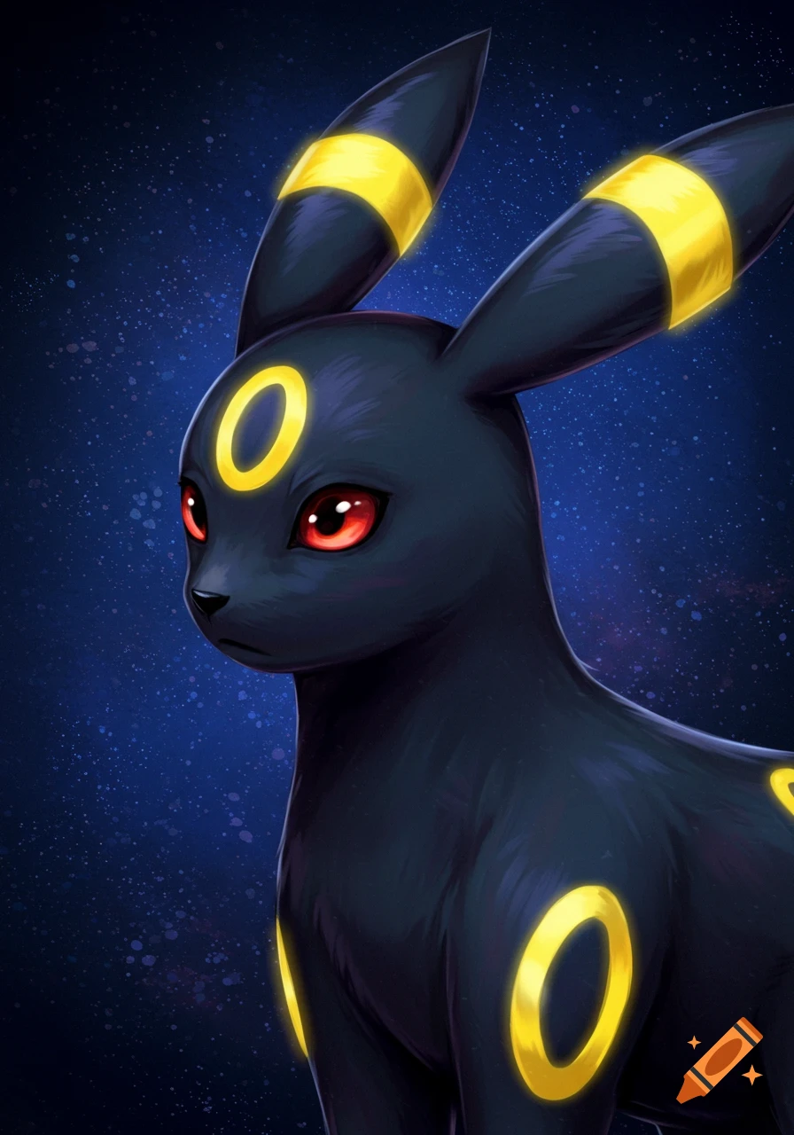 Umbreon, a dark Pokémon with glowing yellow rings and red eyes, stands ...
