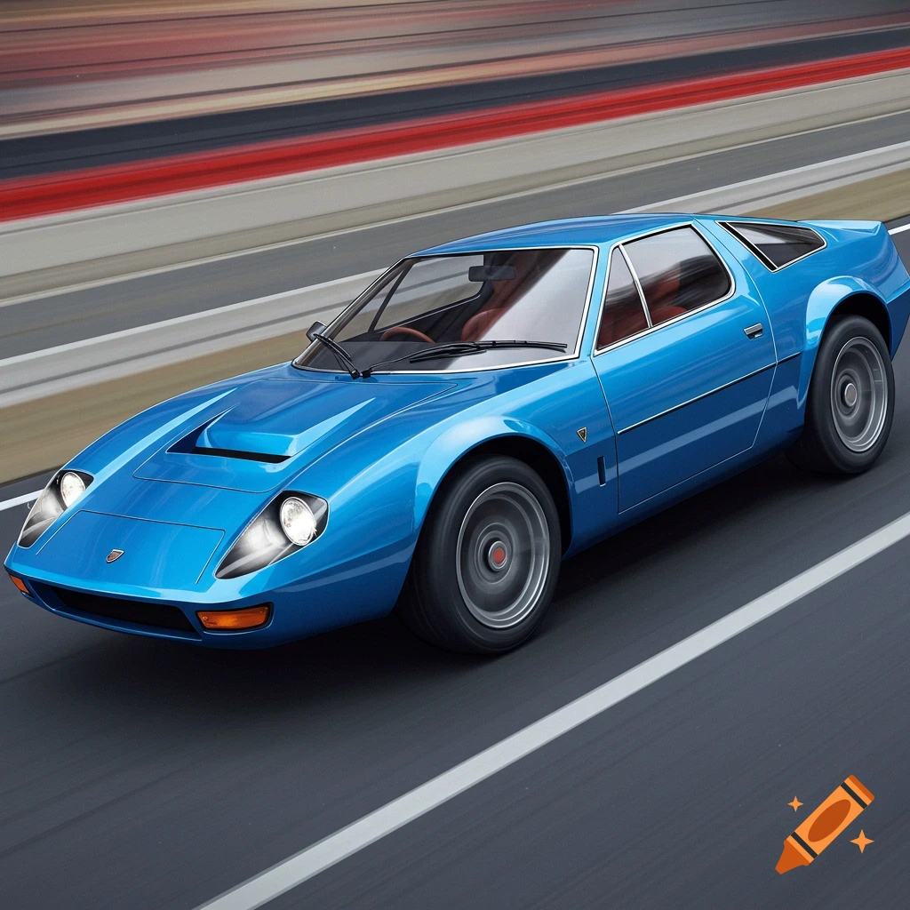 A blue sports car racing on a track on Craiyon