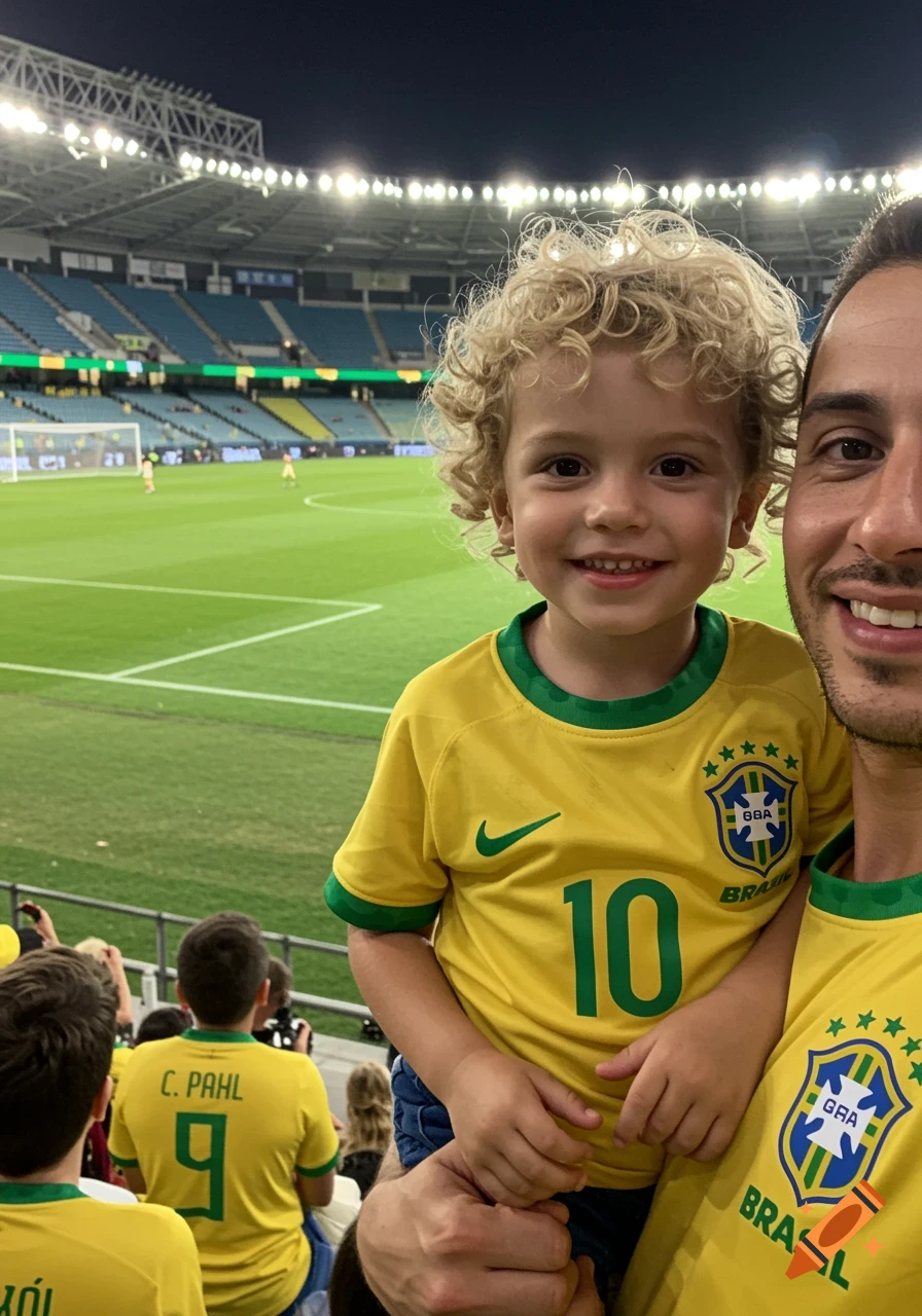 Boy in Brazil jersey with his dad at soccer field selfie on Craiyon